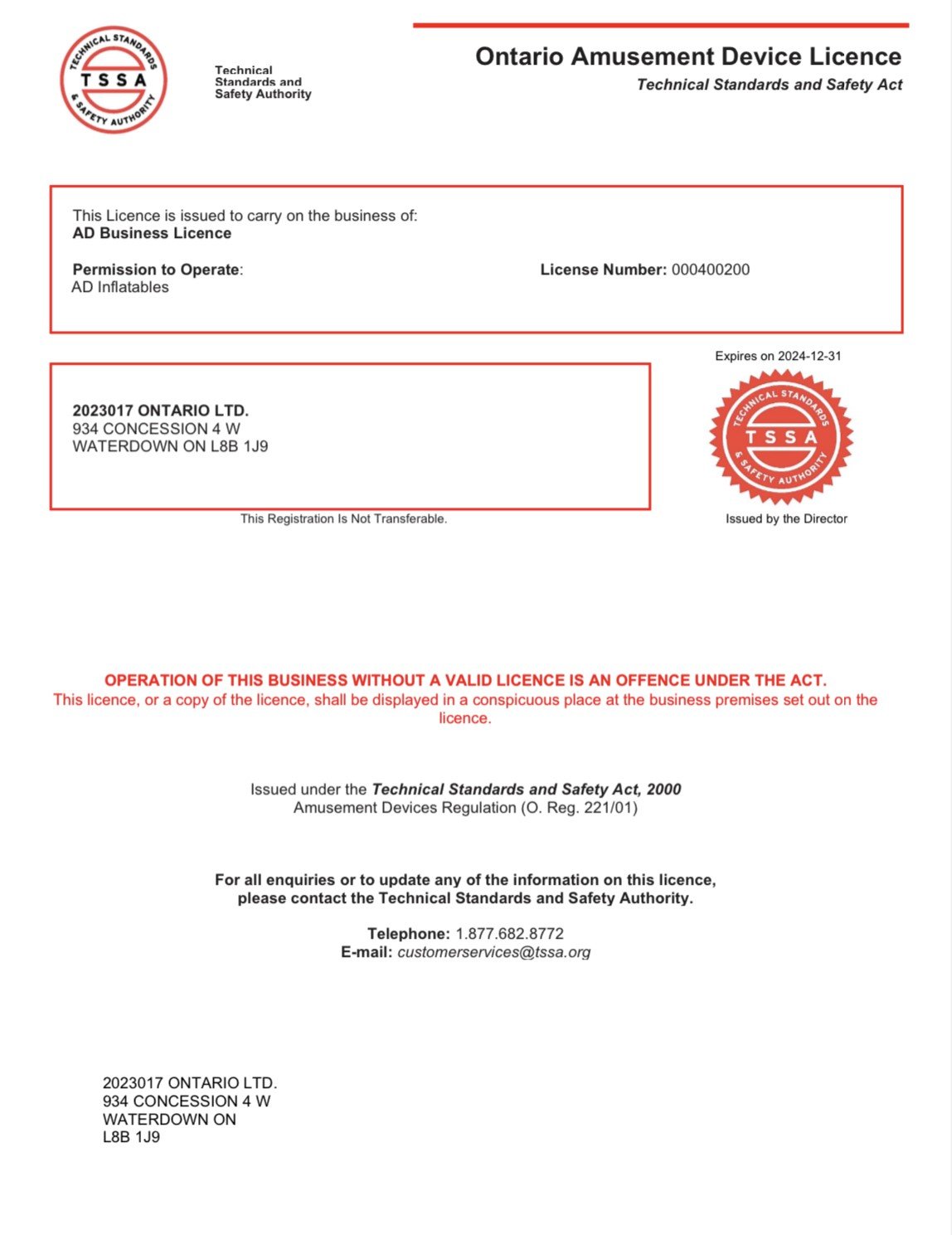 TSSA License - Bounce Events and Party Rentals ON